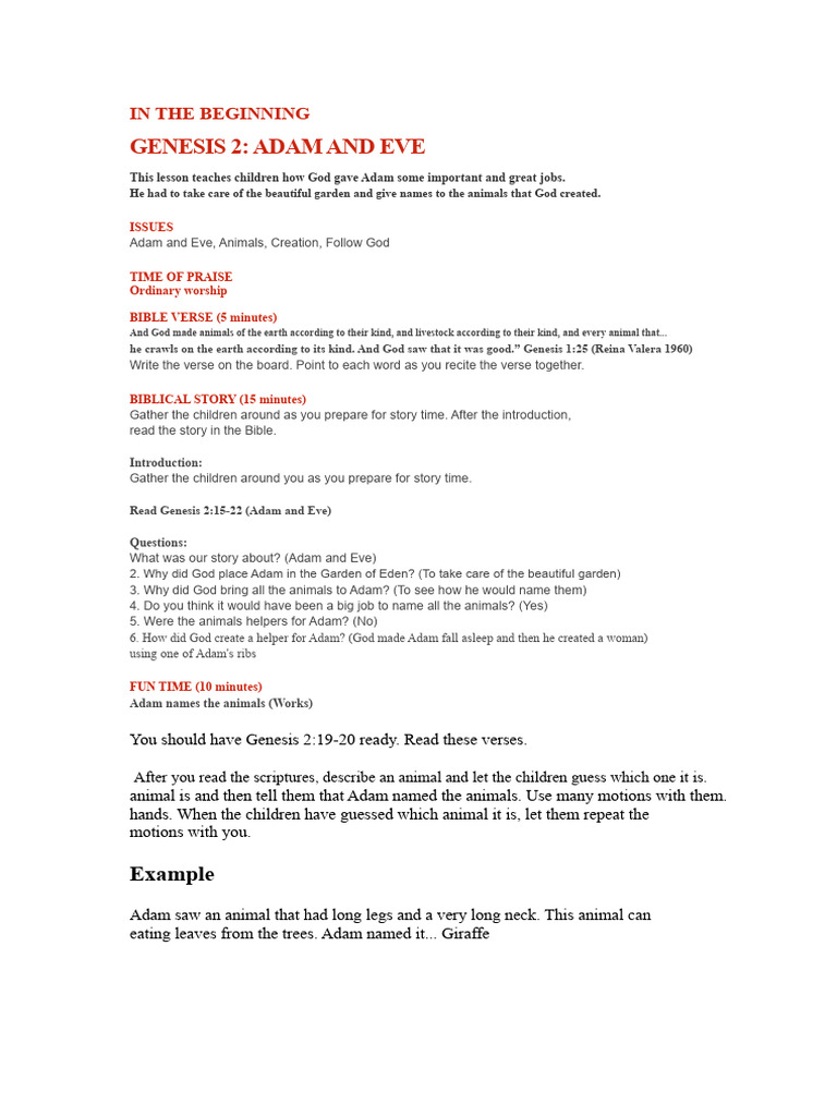 Genesis Chapter 2 for Preschool Kids | PDF | Adam | Adam And Eve