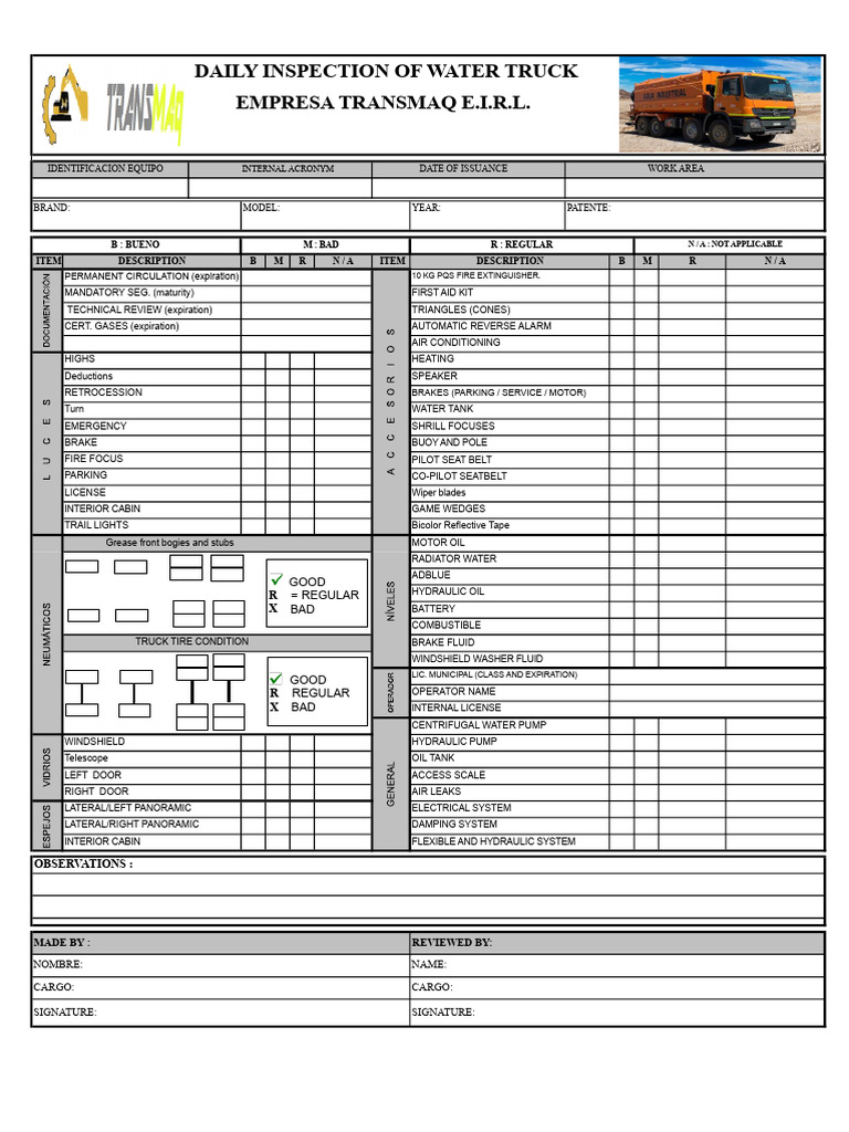 Checklist For Tanker Truck | PDF | Truck | Transport
