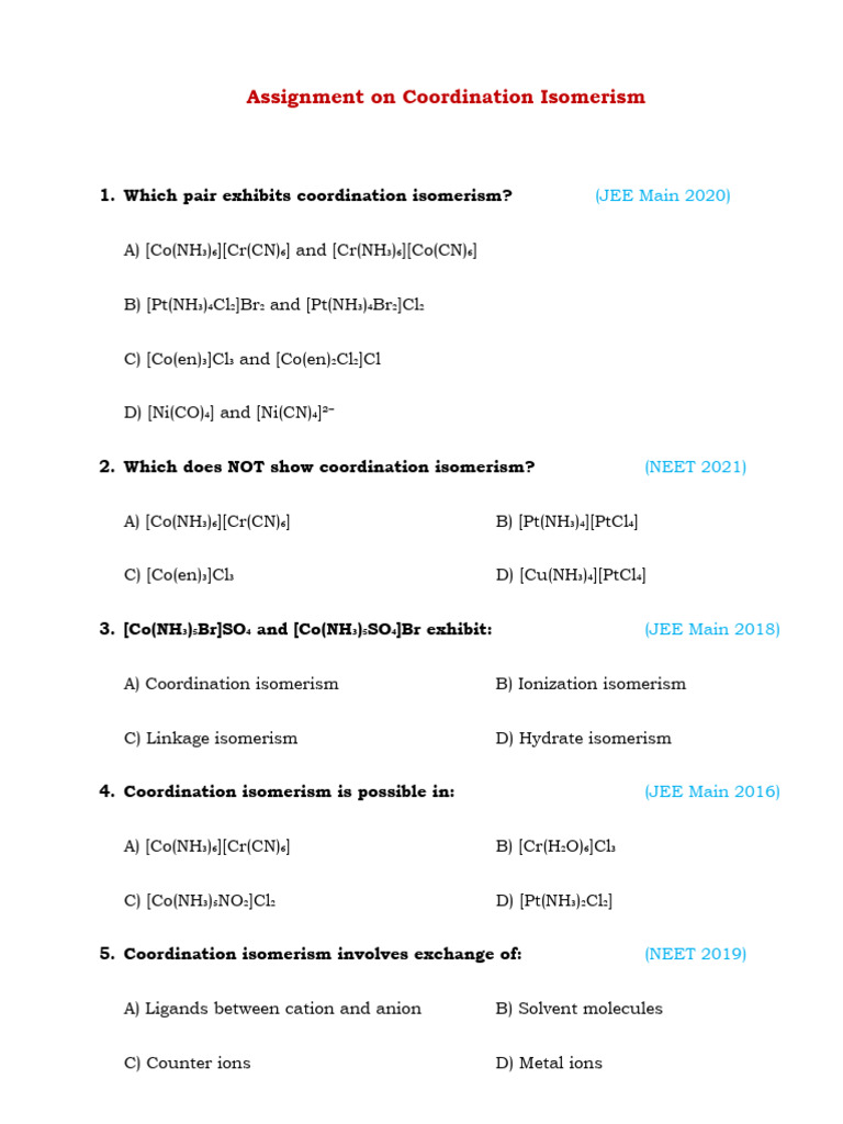 1. Assignment on Coordination Isomerism | PDF | Coordination Complex | Ion