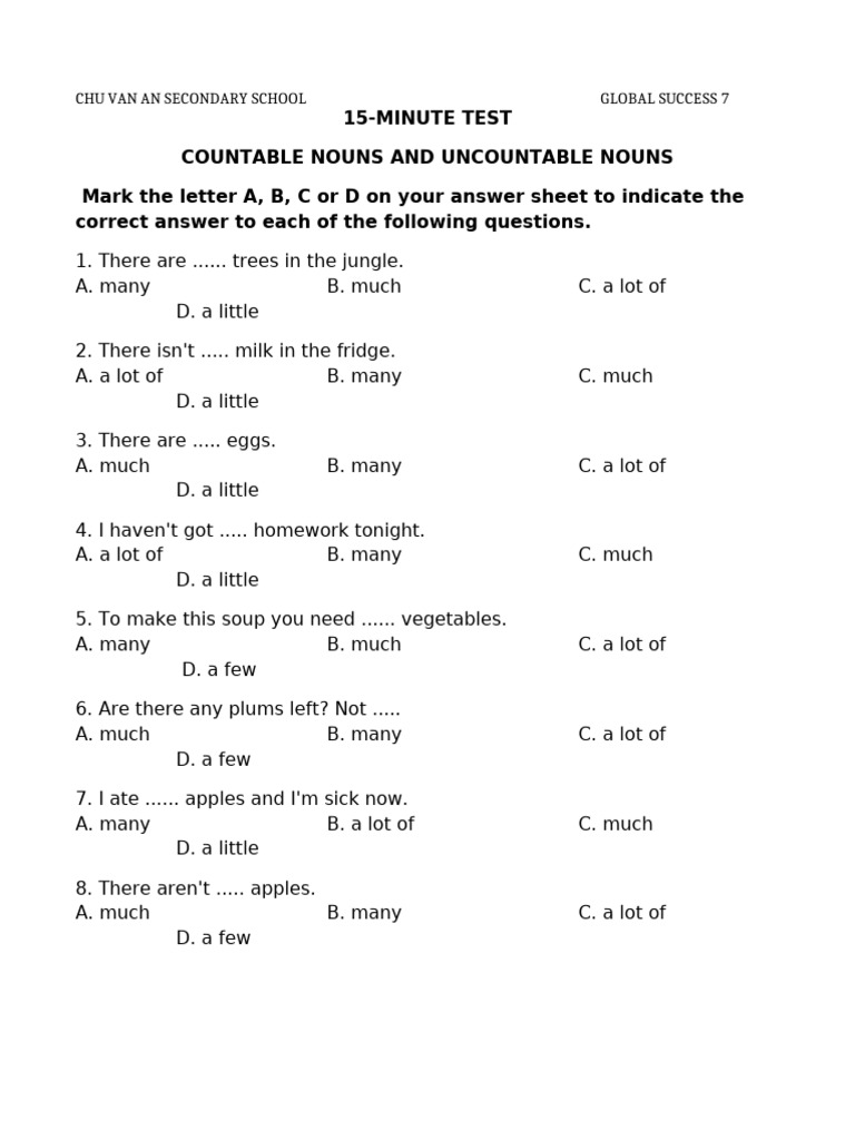 Countable vs Uncountable Nouns Test | PDF | Chess Openings | Chess