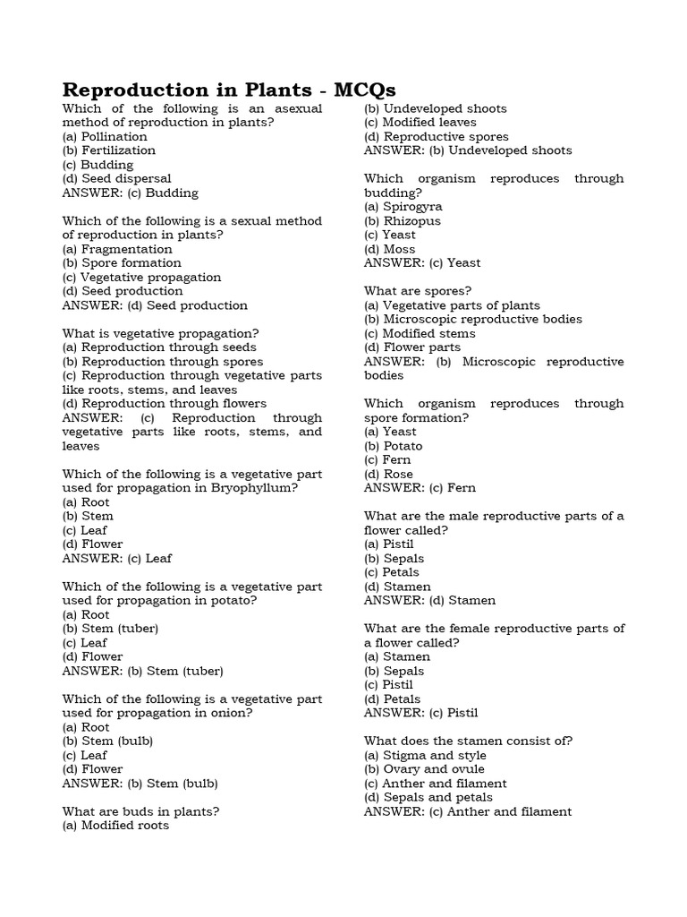 Reproduction in Plants - MCQs | PDF | Flowers | Seed