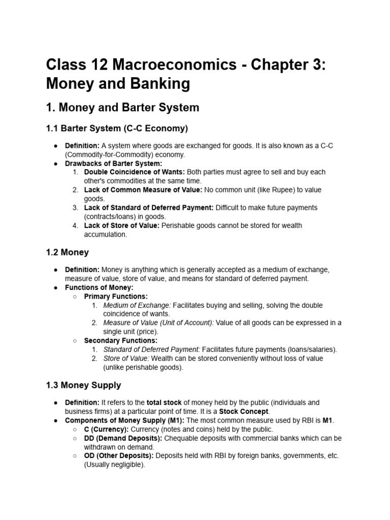 Class 12 Macroeconomics: Money & Banking | PDF | Money | Reserve Bank ...