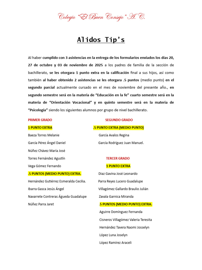 Puntos Extra por Asistencia en Bachillerato | PDF