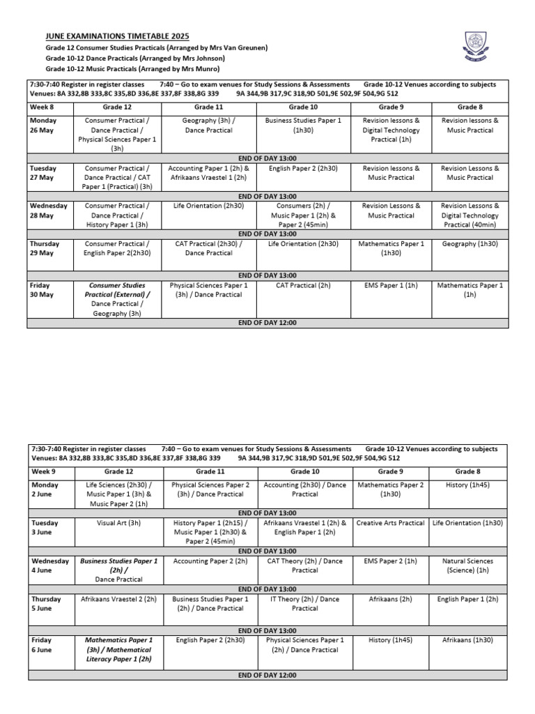June 2025 Exam Timetable for Grades 8-12 | PDF | Science