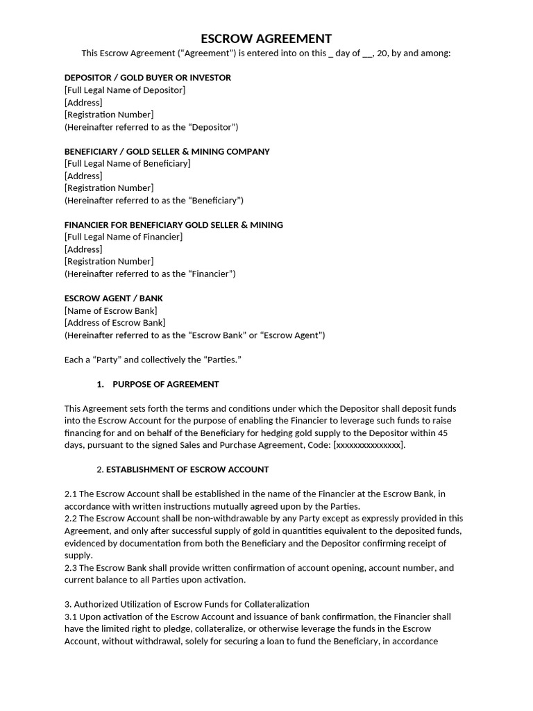 Escrow For Funding Agreement | PDF | Indemnity | Banks