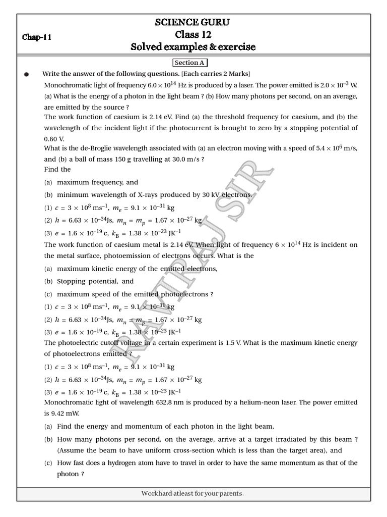 Class 12 Quantum Physics Exercises | PDF | Photoelectric Effect ...