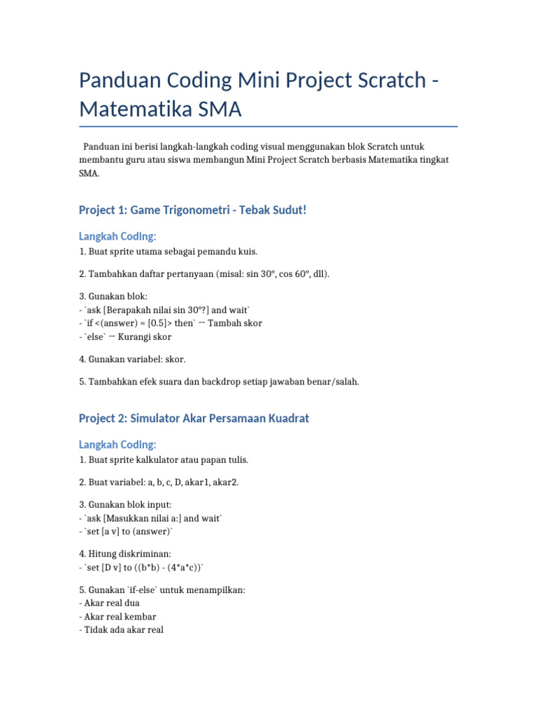 Mini Project Scratch Matematika SMA | PDF
