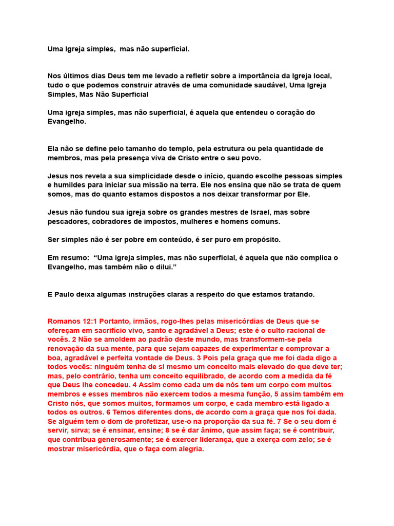 Uma Igreja Simples, Mas Não Superficial | PDF | Igreja cristã | Jesus
