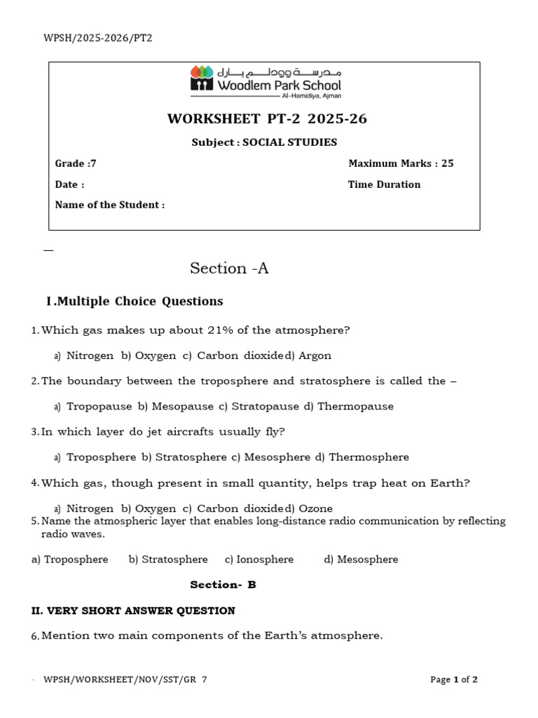 Grade 7 Social Studies Atmosphere Worksheet | PDF