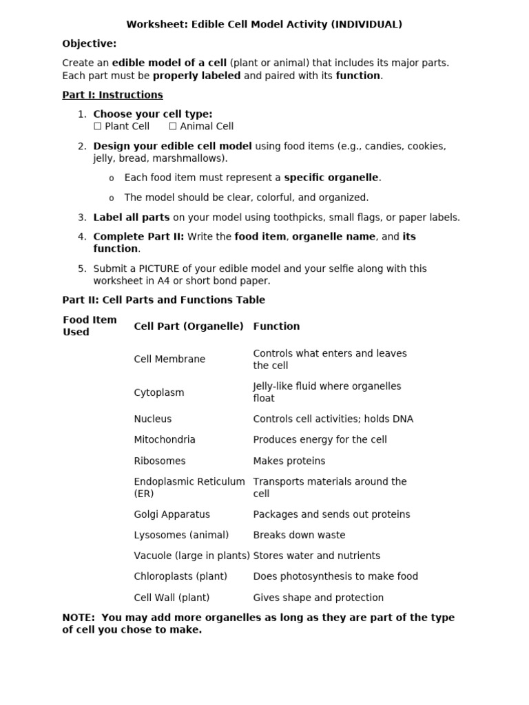 Edible Cells Worksheet | PDF
