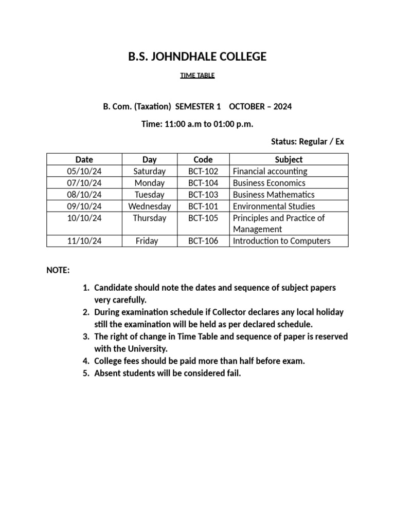 Time Table Semester 1 | PDF