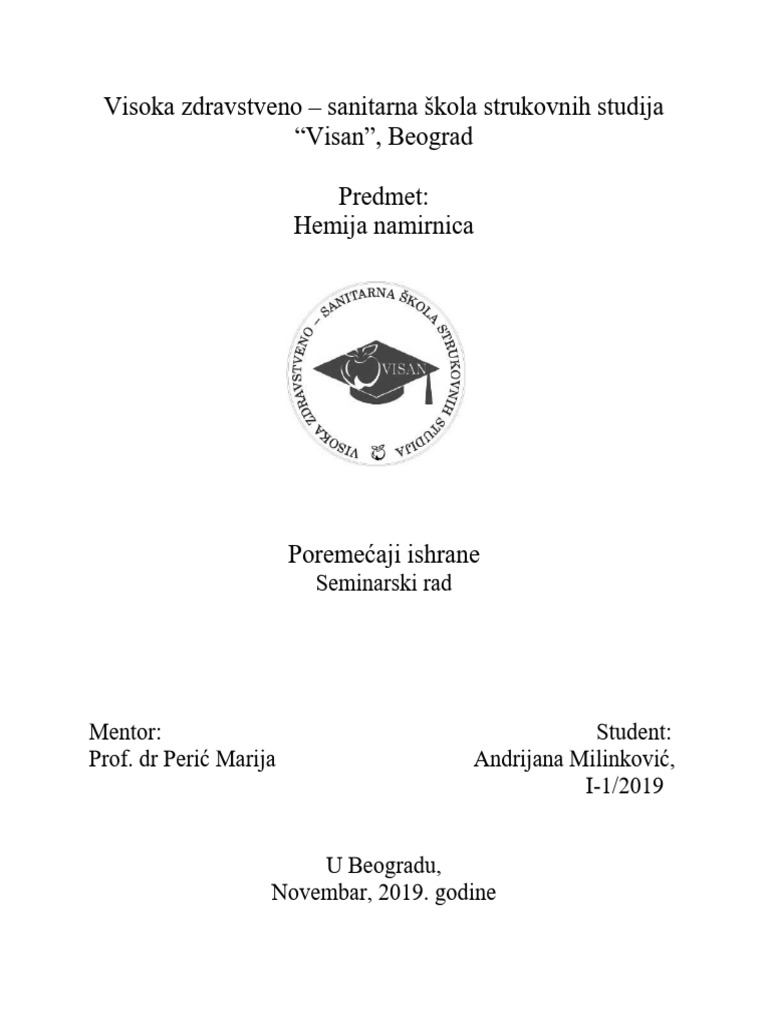 Poremecaji Ishrane Seminarski Rad | PDF
