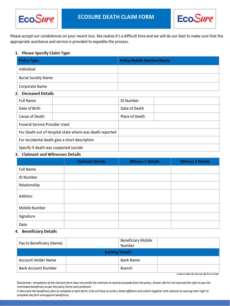 EcoSure Claim Death Claim Form 2022 | PDF