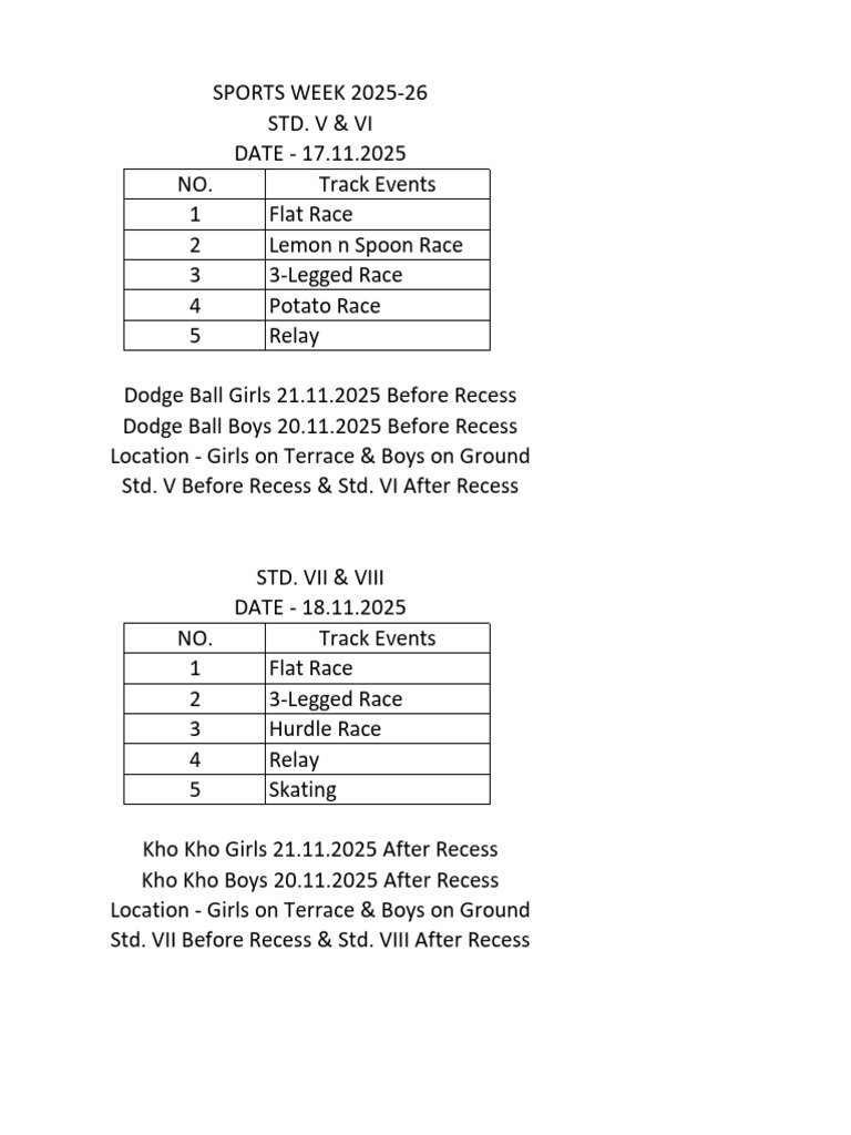Sports Week Events Schedule 2025-26 | PDF