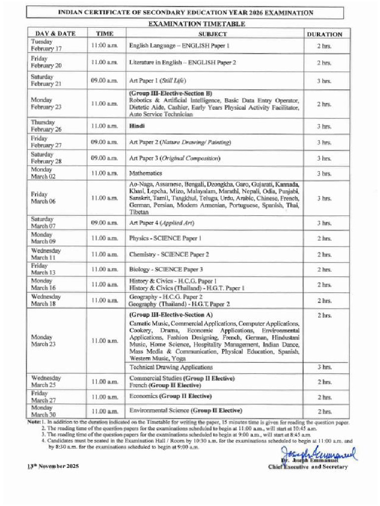 ICSE Time Table - 2025 - 2026 | PDF