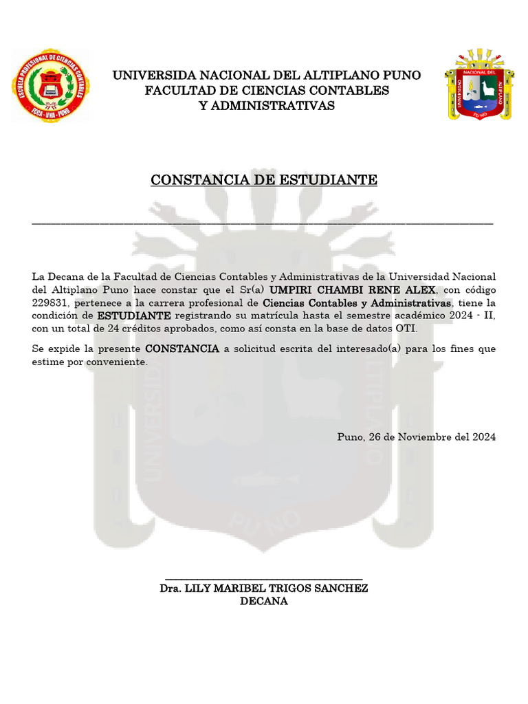 Constancia de Estudiante René Alex Umpiri Chambi | PDF