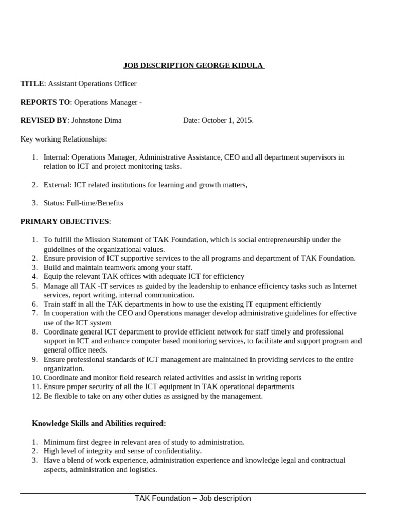 Job Description - Assistant Operations Officer ICT and Projects | PDF ...