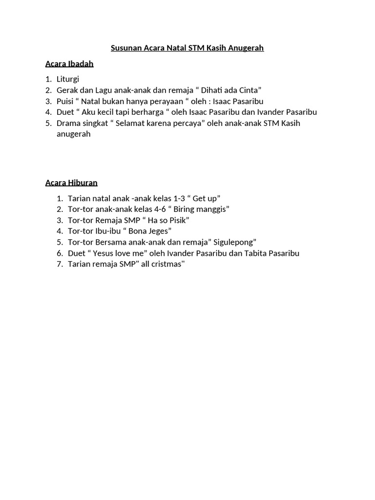 Susunan Acara Natal STM Kasih Anugerah | PDF