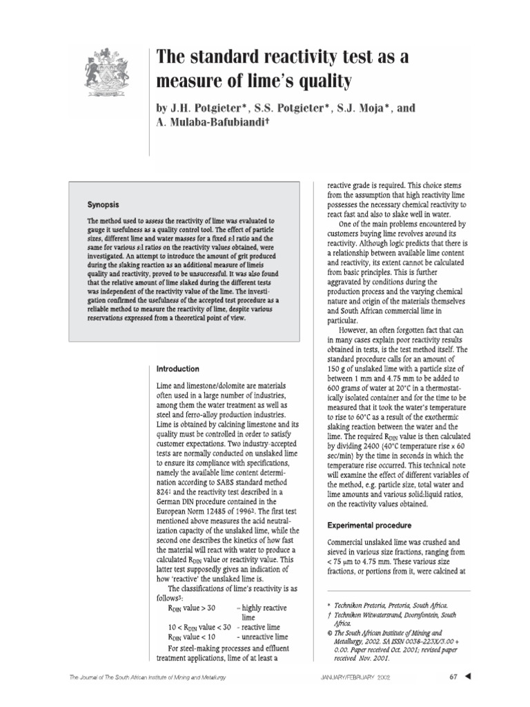 The Standard Reactivity Test As A Measure of Limes Quality | PDF