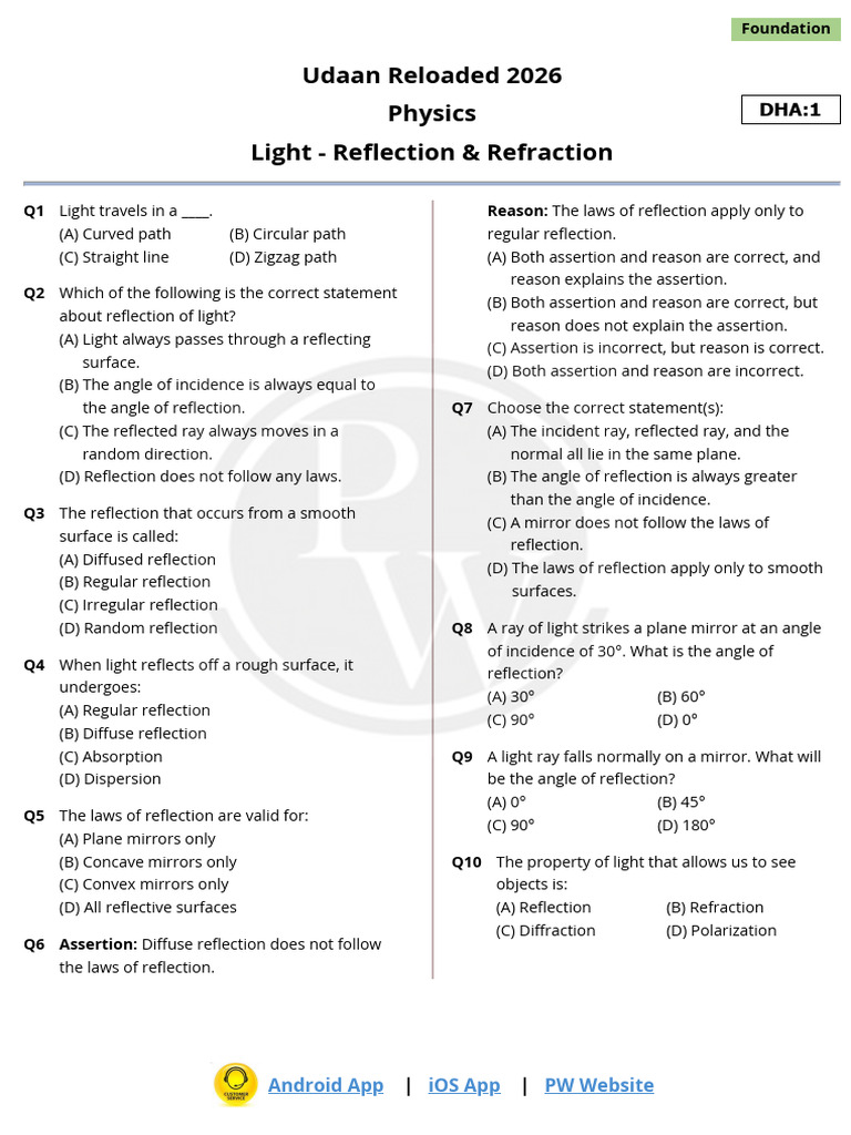 Light - Reflection and Refraction - DHA 01 | PDF | Reflection (Physics ...