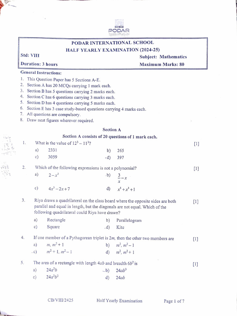 Mathematics Half Yearly Exam Paper | PDF | Rectangle | Mathematics