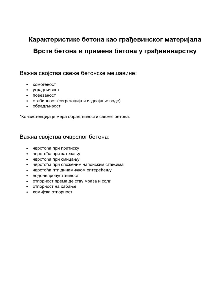 Karakteristike I Primena Betona | PDF
