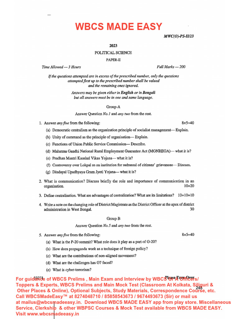 WBCS Main Exam 2023 Optional Political Science Question Paper 2 1 | PDF