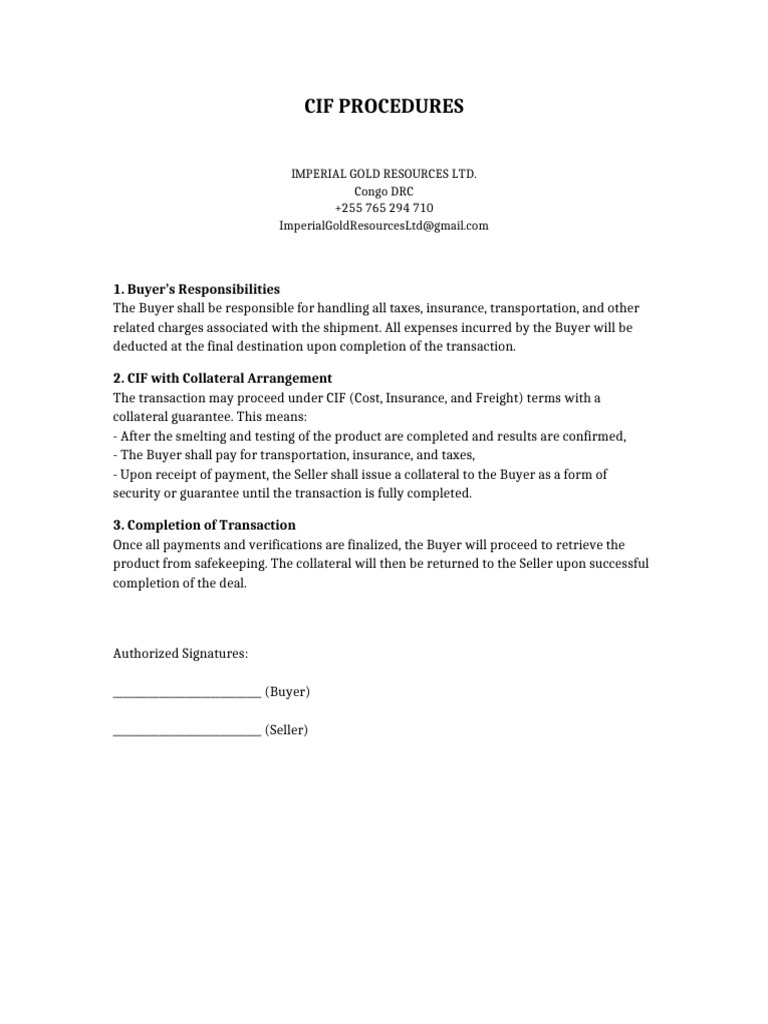 CIF Procedures Imperial Gold Resources LTD | PDF