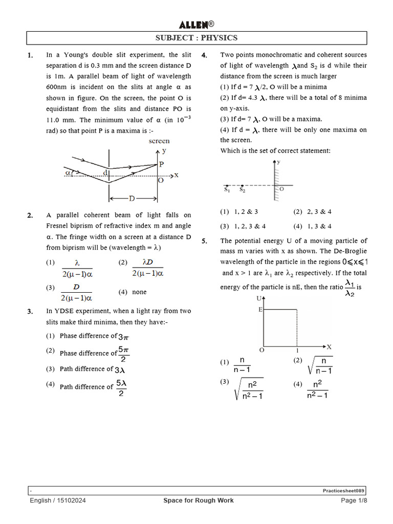 Practicesheet089 Physics Qp | PDF | Wavelength | Photoelectric Effect