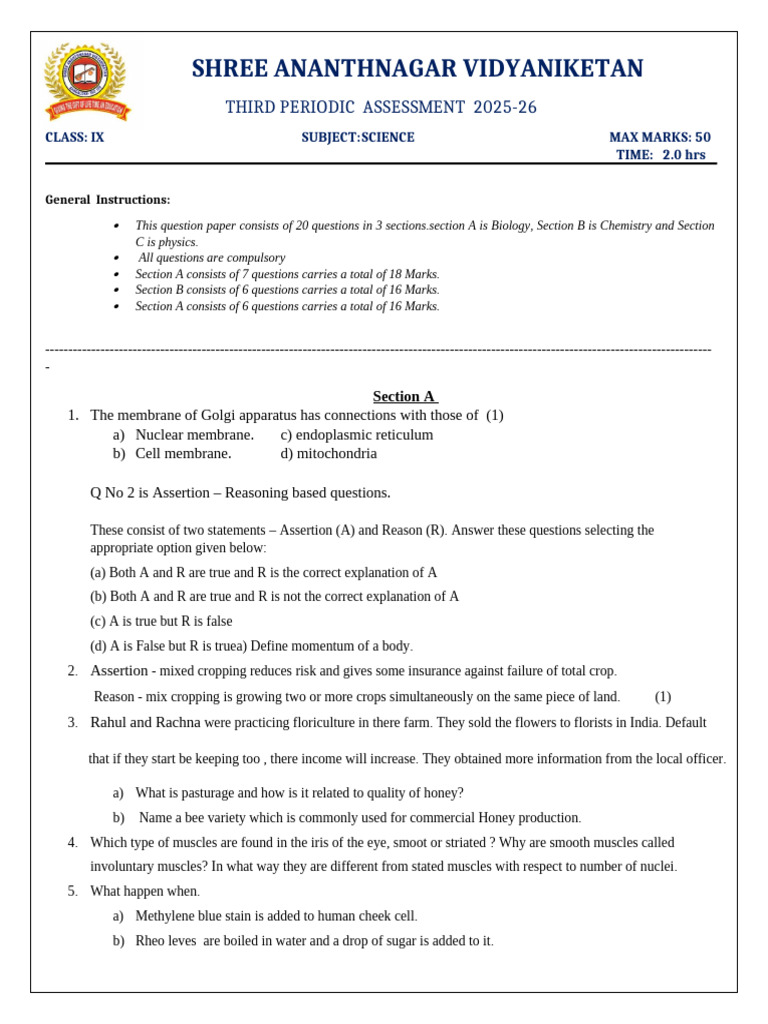 Class IX Science Assessment 2025-26 | PDF | Mixture | Force