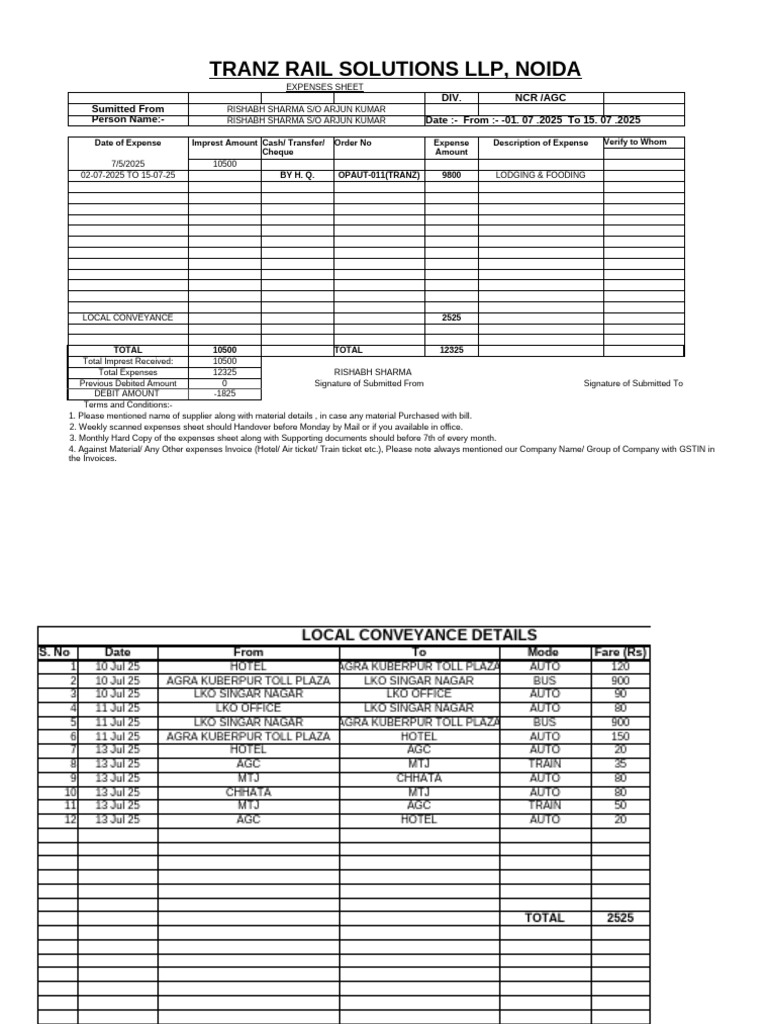 01-07-2025 TO 15-07-2025 Exp_Sheet | PDF | Accounting