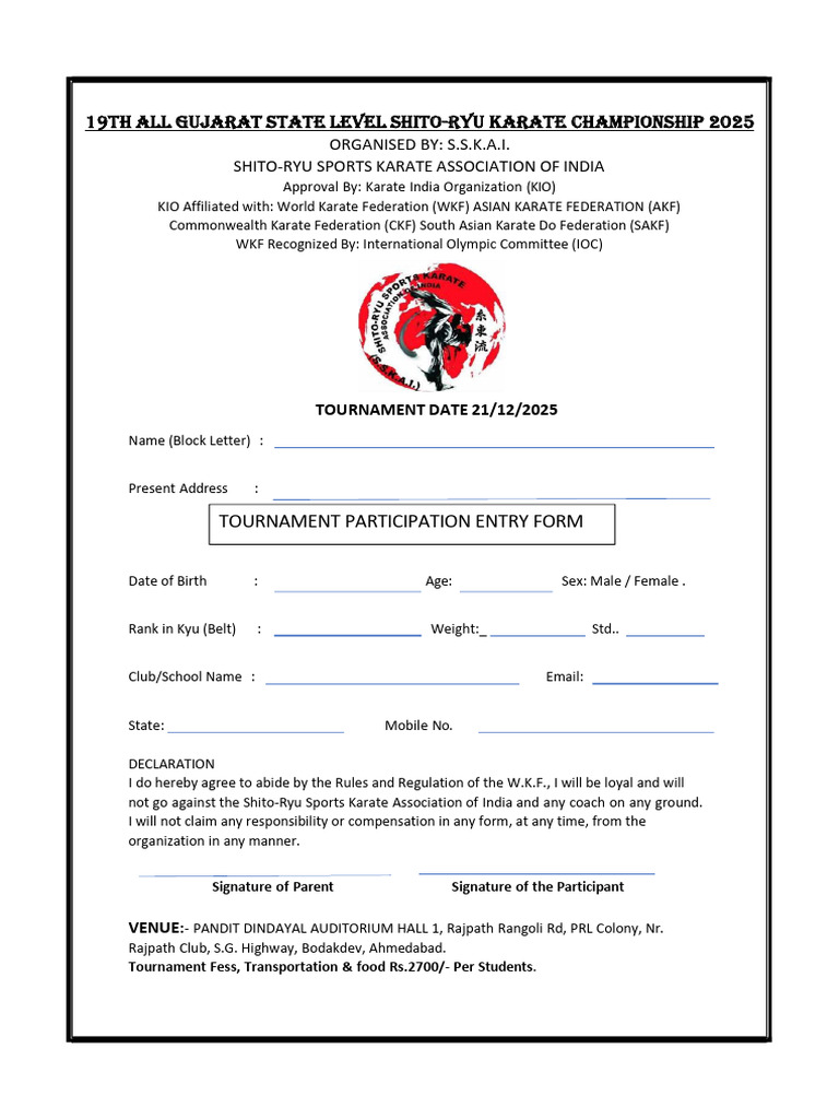 Shito-Ryu Karate Championship Entry Form | PDF