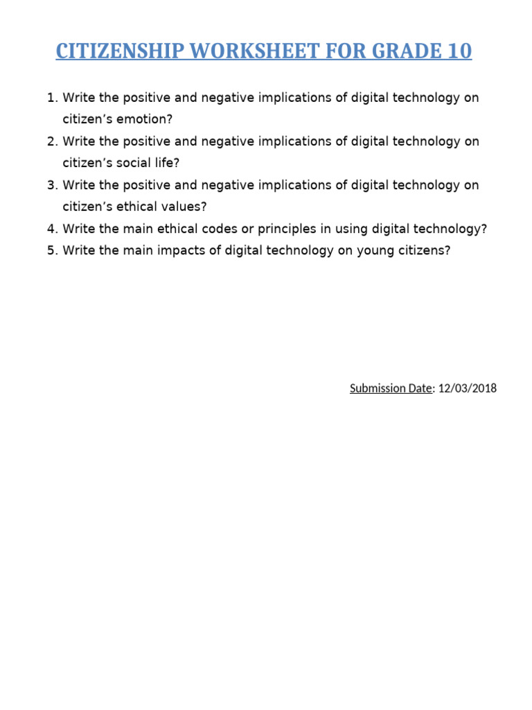 Grade 10 Citizenship and Digital Tech Worksheet | PDF