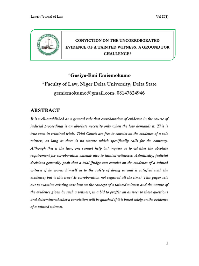 Conviction On The Uncorroborated Evidence of A Tainted Witness A Ground ...