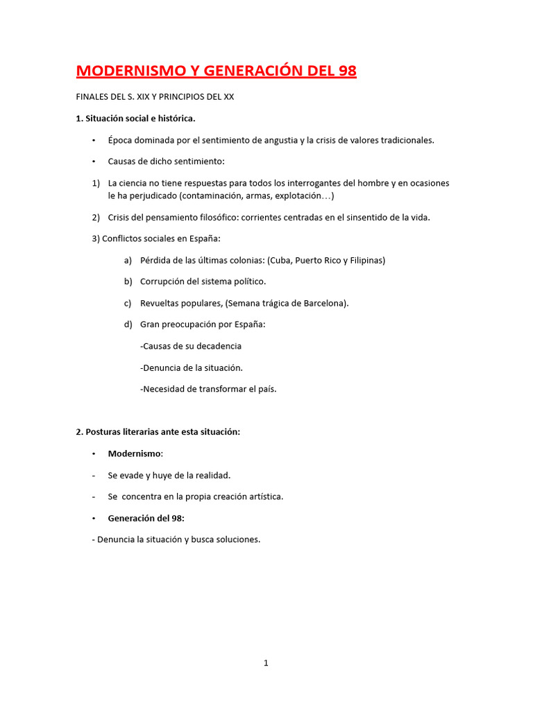 Apuntes de El Modernismo y La Generación Del 98. | PDF | Novelas | Poesía