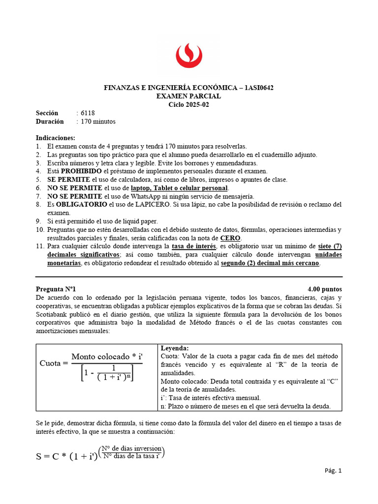 FIE - Examen Nº1 - 2025-2 - Texto 6118 - Solución | PDF | Interés | Bancos