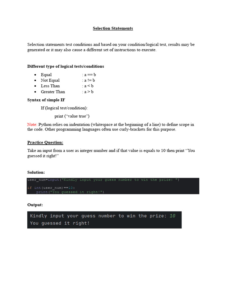 Python Selection Statements Explained | PDF | Python (Programming ...