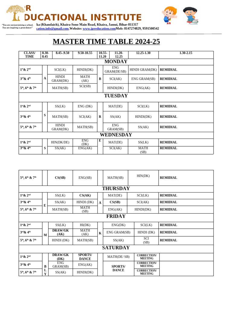 Academic Master Time Table 2024-25 '1 | PDF