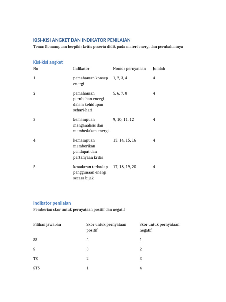 Kisi Indikator Angket Energi Revisi | PDF