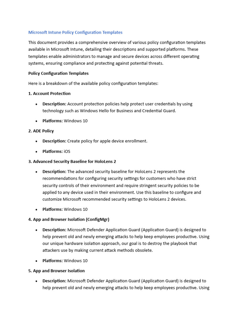 Microsoft Intune Policy Configuration Templates | PDF | Windows 10 ...
