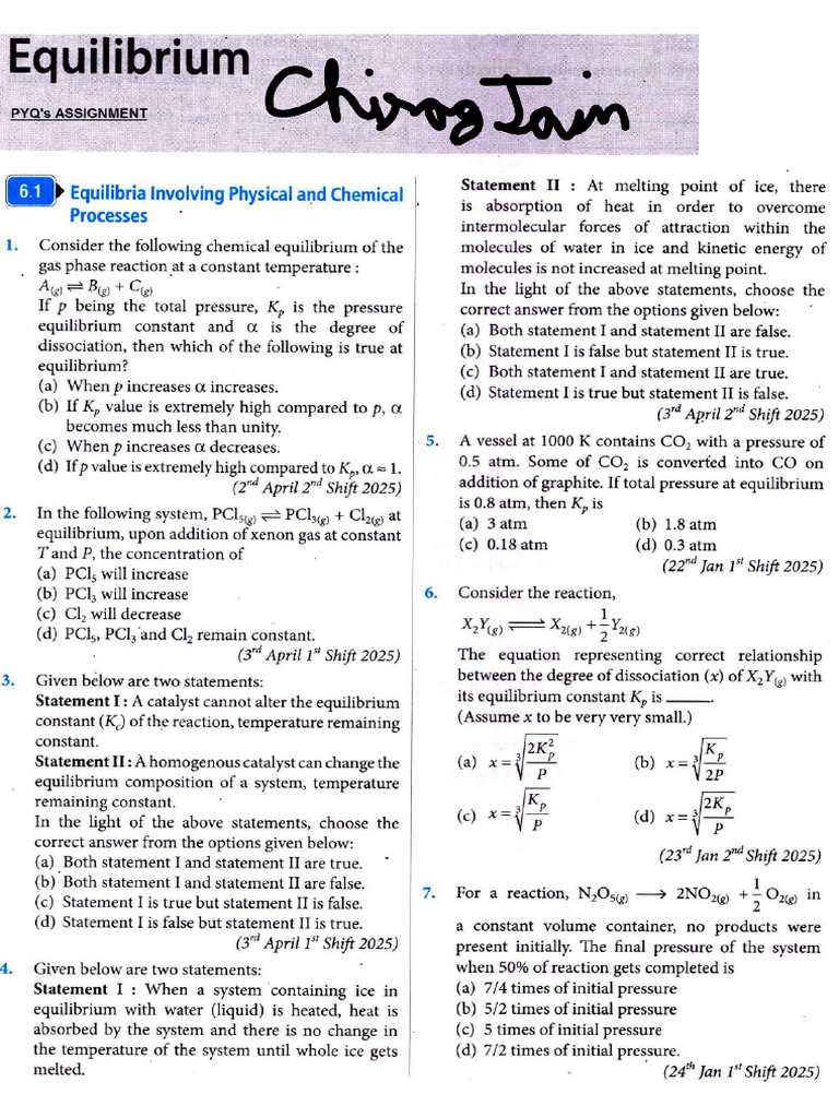 Equilibrium (PYQ's Assignment) | PDF