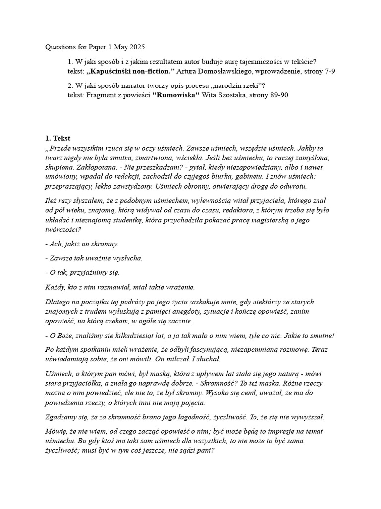 Polish A Literature Paper 1 | PDF