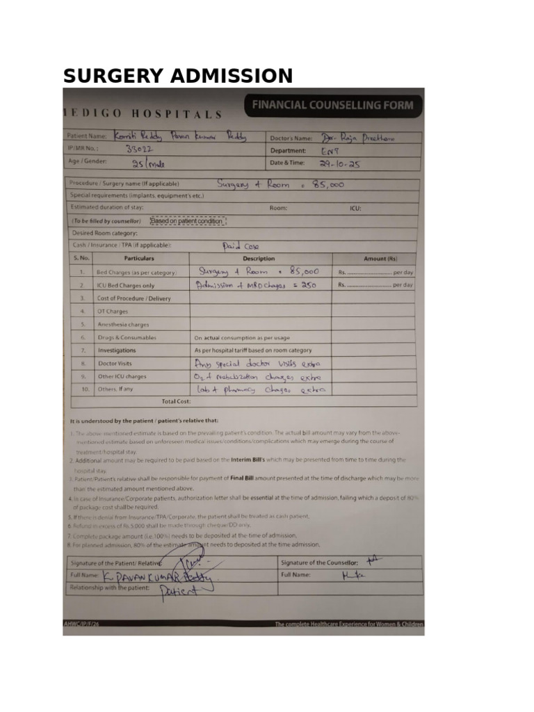 Surgery Admission | PDF
