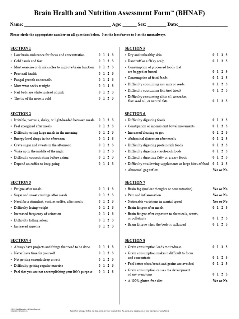 Brain Health and Nutrition Assessment Form Regular 082013 | PDF ...