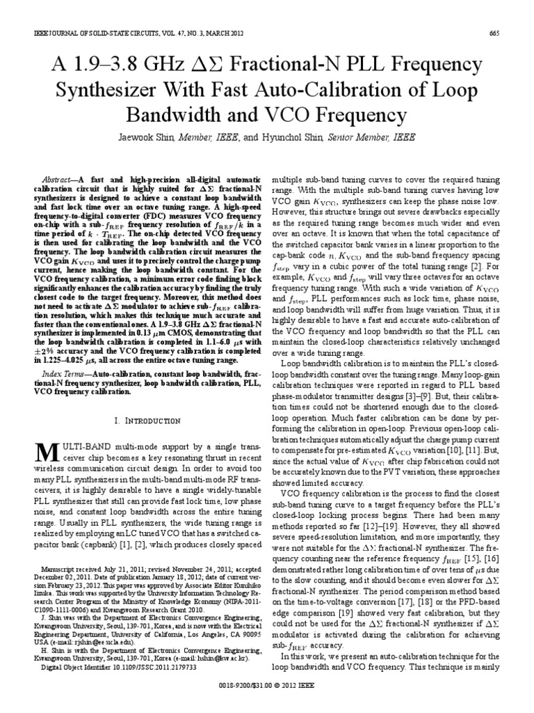 12 Jssc Fractional N Pll Frequency Synthesizer With Fast Auto Calibration Of Loop Bandwidth