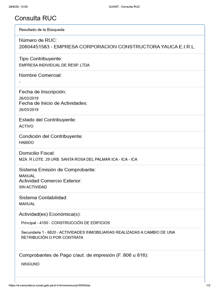 Ficha Ruc Corporacion Yauca | PDF