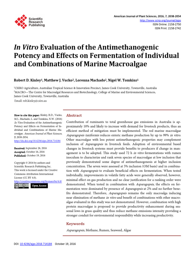 Antimethanogenic Effects of Marine Algae | PDF | Ruminant
