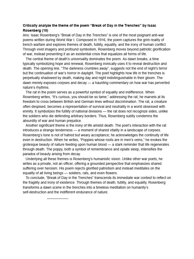 Critically Analyze the Theme of the Poem “Break of Day in the Trenches ...