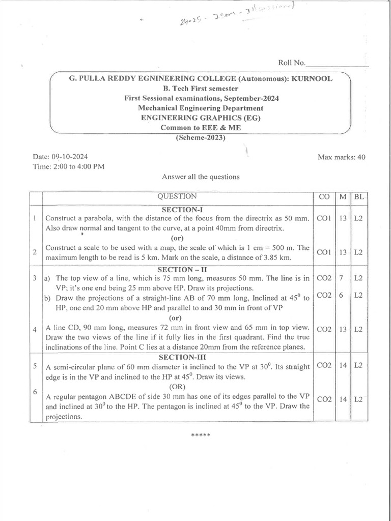I Sem First Sessional Sept.2024 | PDF