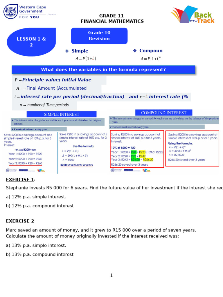 Grade 11 Financial Mathematics Leaner Notes | PDF | Interest | Compound ...
